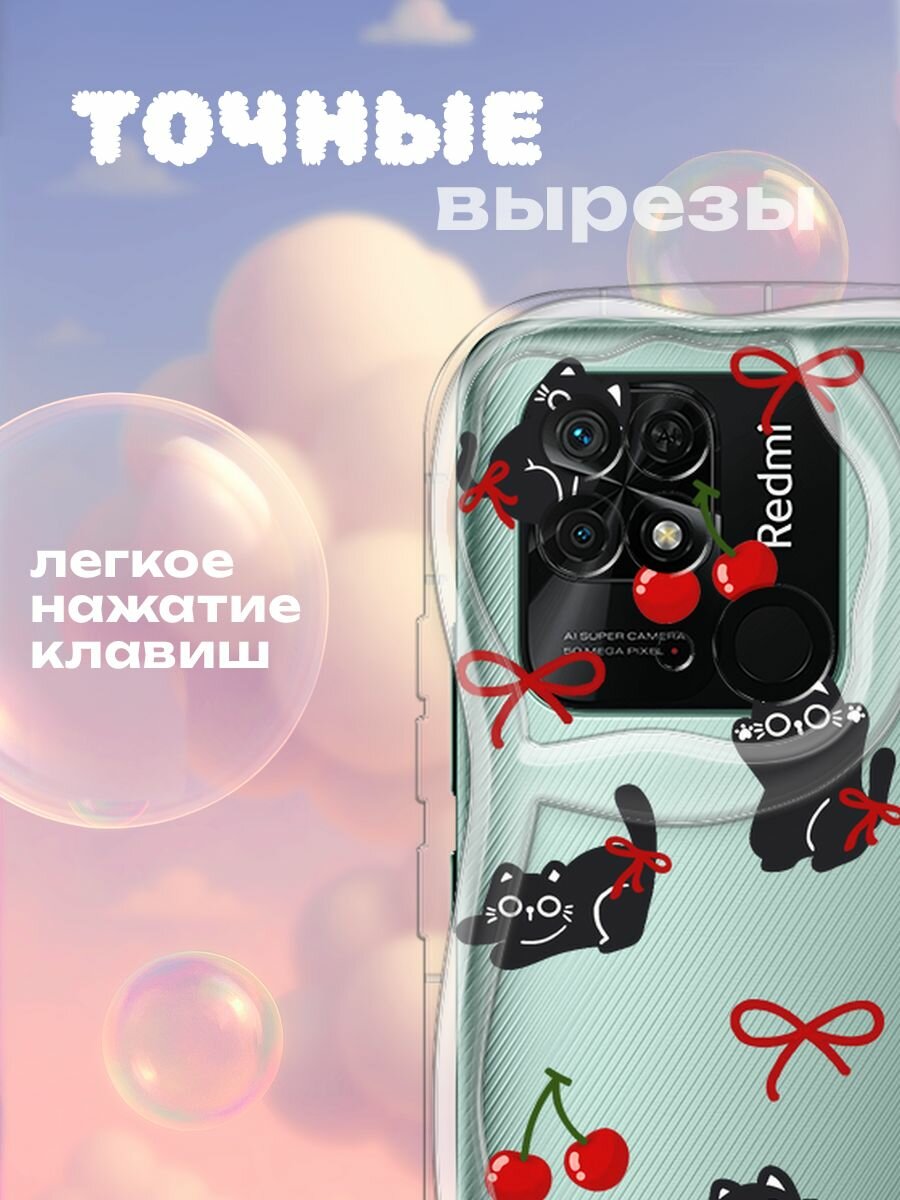Чехол на Xiaomi Redmi 10C / Редми 10С с принтом "Котик, вишня и бантики" — фото 1