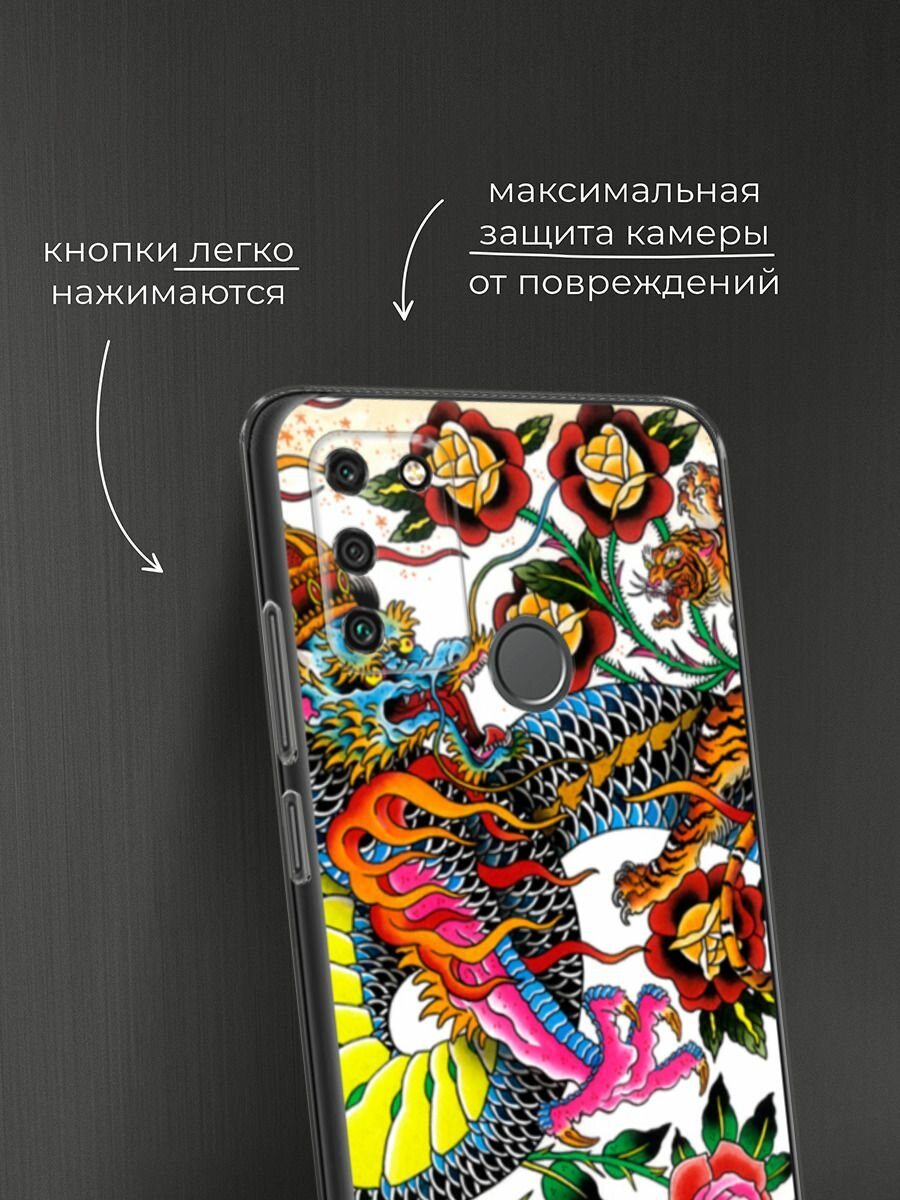 Силиконовый чехол на Honor 9A / Хонор 9А с принтом "Дракон в цветах" — фото 1