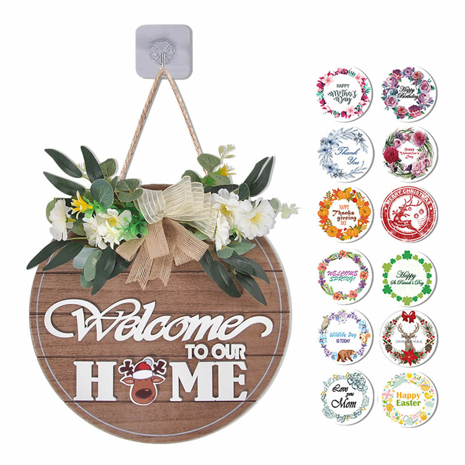 Аксессуар для Пасхи, Сменный деревянный знак Цветочный венок с 12 сезонными праздничными элементами Орнамент Пасха Рождество Парадная дверь Крыльцо Деревенская подвесная табличка Украшение фермерского дома