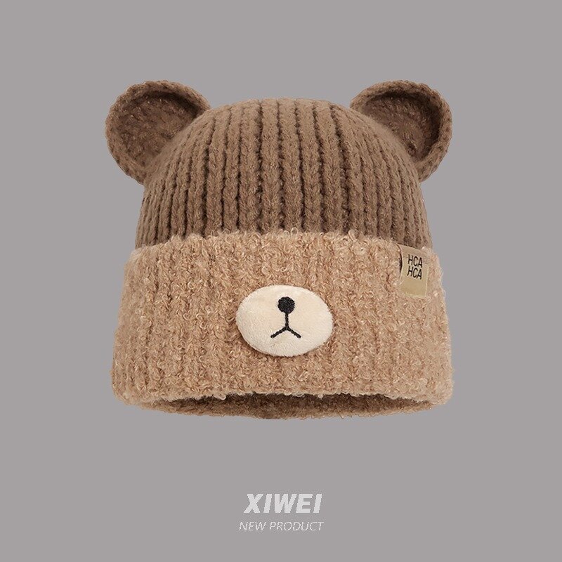 Осенне-зимняя тонкая и теплая шерстяная шапка с милыми медвежьими ушками для женщин, утолщенная защита ушей с завивками, шапка Lei Feng, вязаная шапка