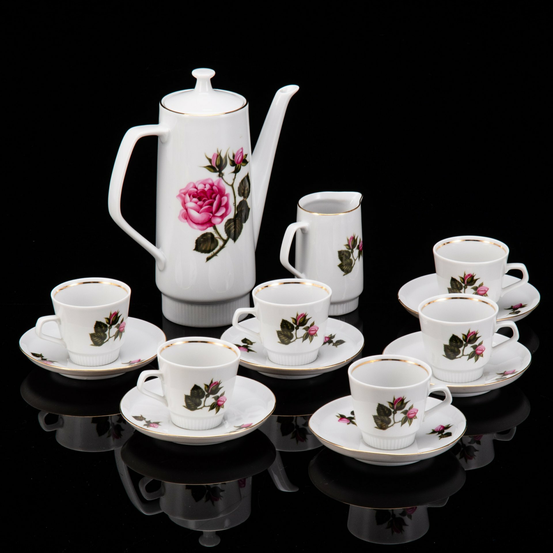 Сервиз кофейный с декором в виде роз на 6 персон (14 предметов), фарфор, деколь