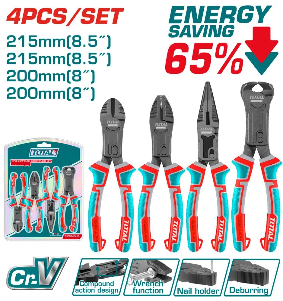 Набор усиленного шарнирно-губцевого инструмента 4шт, TOTAL