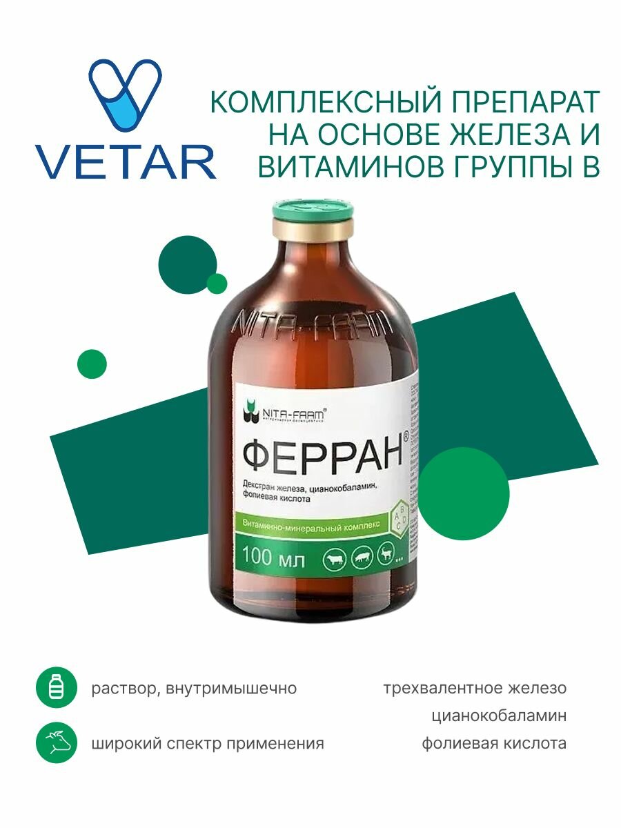 Раствор NITA-FARM Ферран, 100 мл, для восполнения дефицита железа у животных