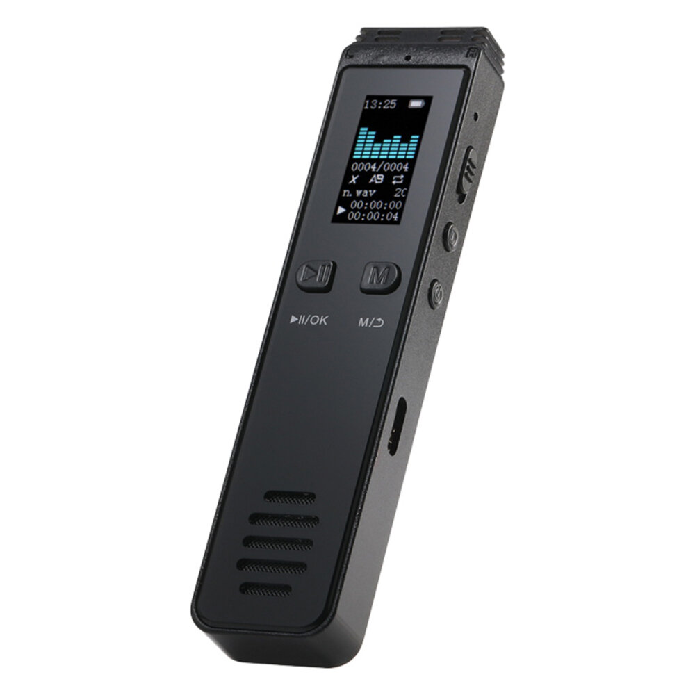 Записьватель голоса цифровой 32GB с активацией голосом запись аудио с воспроизведением MP3 плеер музыки 572 часов устройство записи поддержка пароля для лекций совещаний класс интервью порт Type-C черный 10x2.5x1.2cm 58g формат записи WAV формат музыки