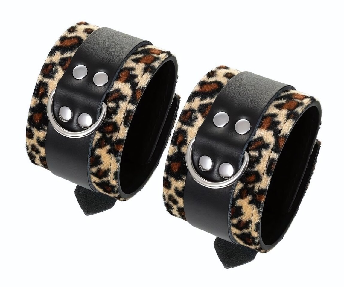 Наручники с леопардовым принтом, искусственная кожа, металлическая цепочка, для БДСМ игр