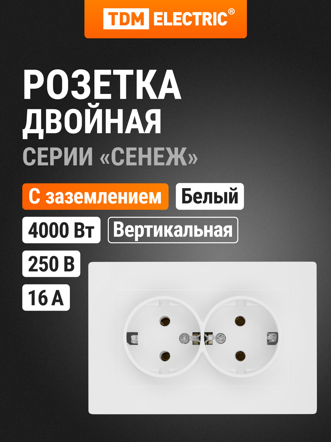 Розетка двойная 2П+З 16А 250В белая серия "Сенеж" TDM Electric