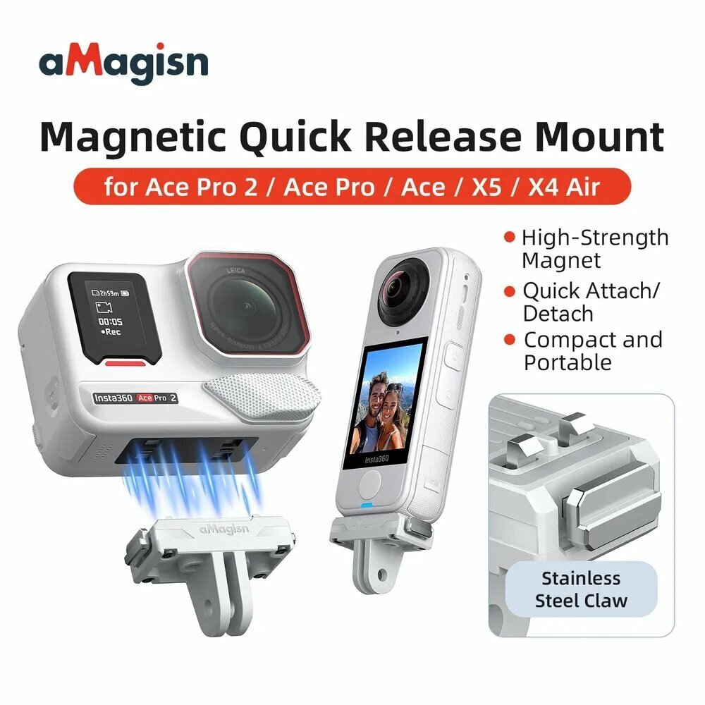 AMagisn Быстросъемное крепление Пластиковая магнитная основа с зажимами из нержавеющей стали для Insta360 X5/ Ace / AcePro / Ace Pro 2