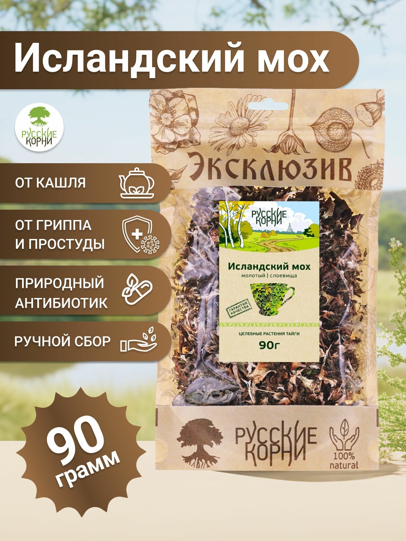 Исландский мох От кашля Травяной сбор Цетрария Молотый 90 гр Русские Корни