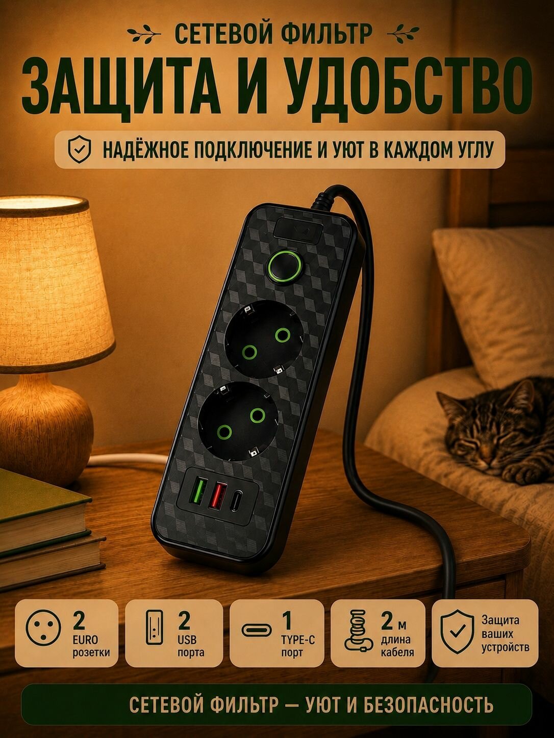 Удлинитель бытовой, 2 розетки, сетевой фильтр, Type-C и USB, 2 метра переноска для дома электроудлинитель