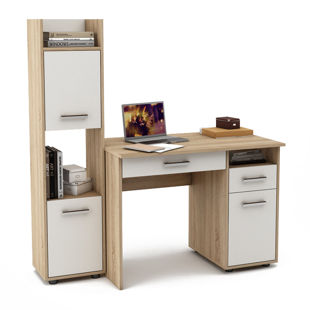 Стол письменный, компьютерный и стеллаж с тумбой №1 ЯС,145,3х135х60 см, Дуб сонома/Белый