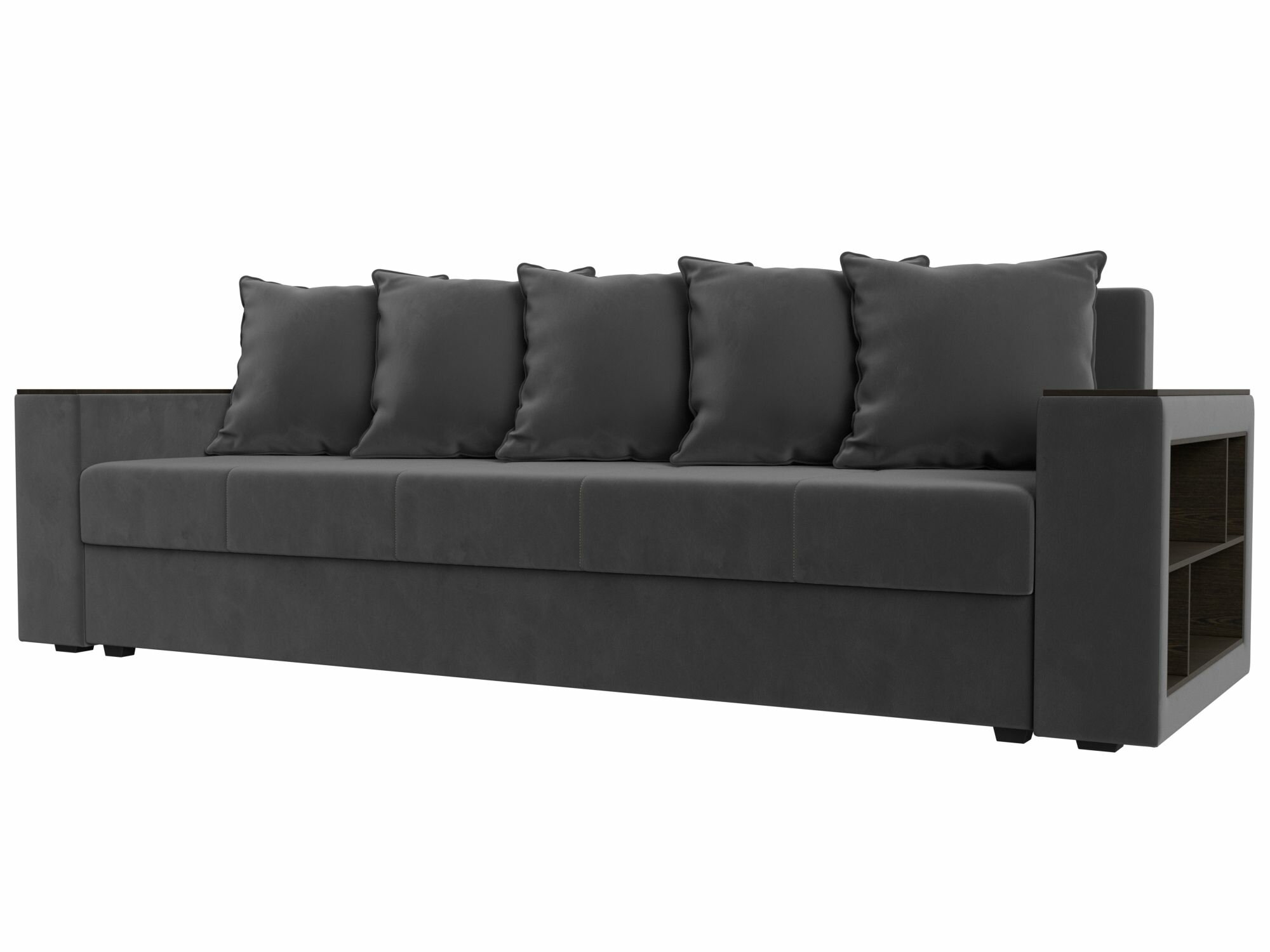 Диван прямой Дубай Лайт полки универсальные, велюр, механизм еврокнижка, серый, 232x80x85см. Хит Диванов