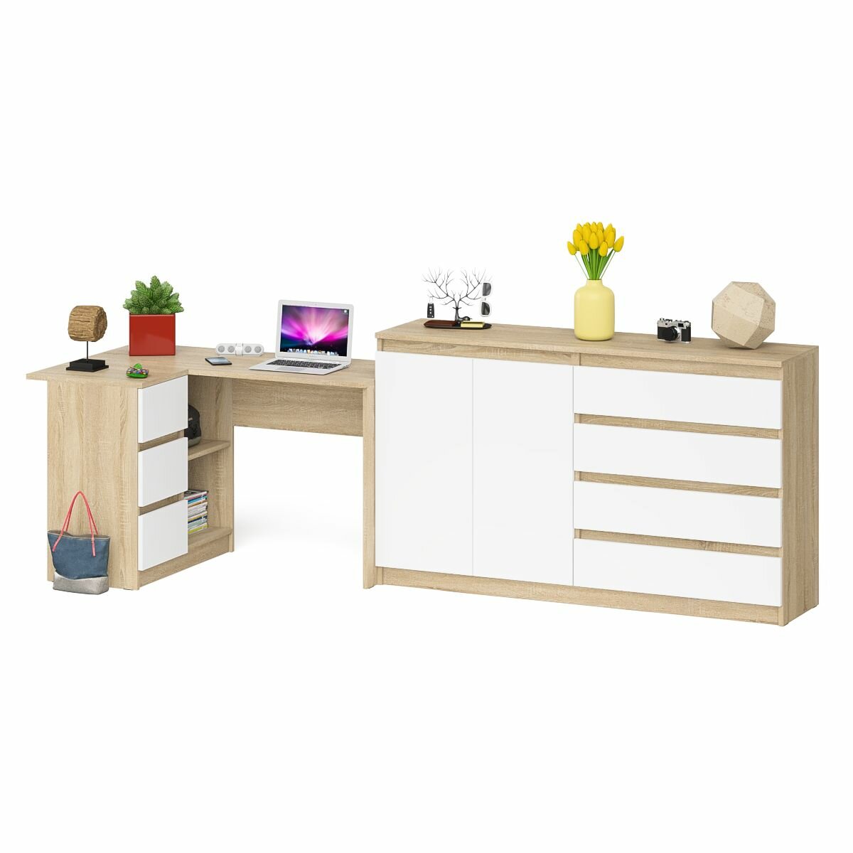 Стол компьютерный СВК Мори МС-16 левый + Комод МК1600.1 Дуб Сонома/Белый