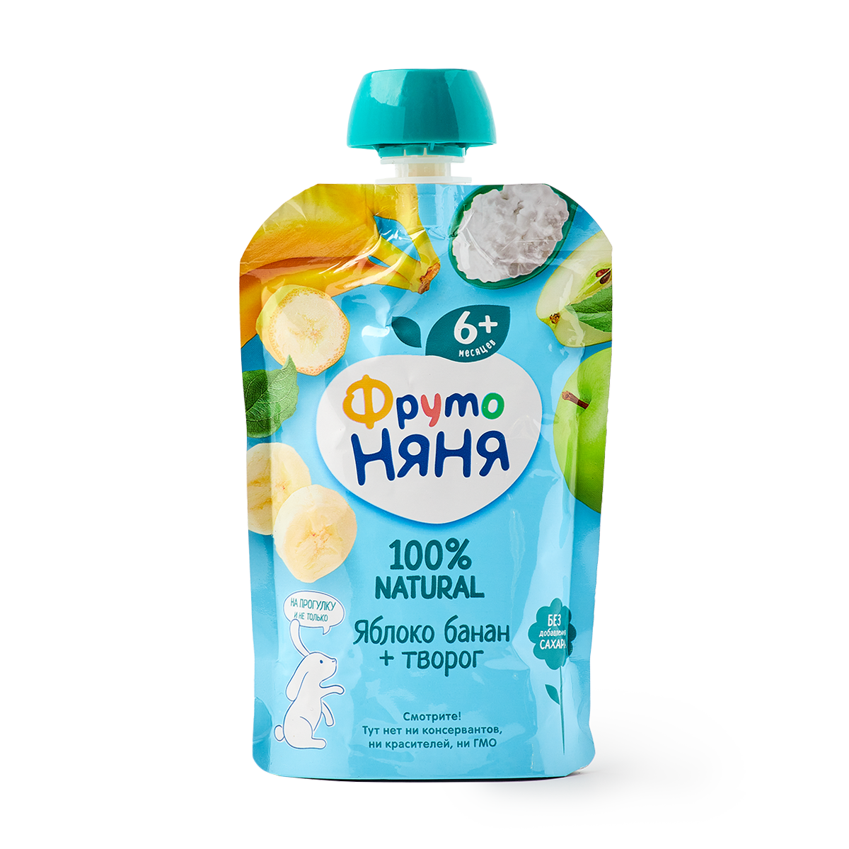 Пюре ФрутоНяня "Яблоко-Банан", творог, без сахара, дой-пак, 90 г