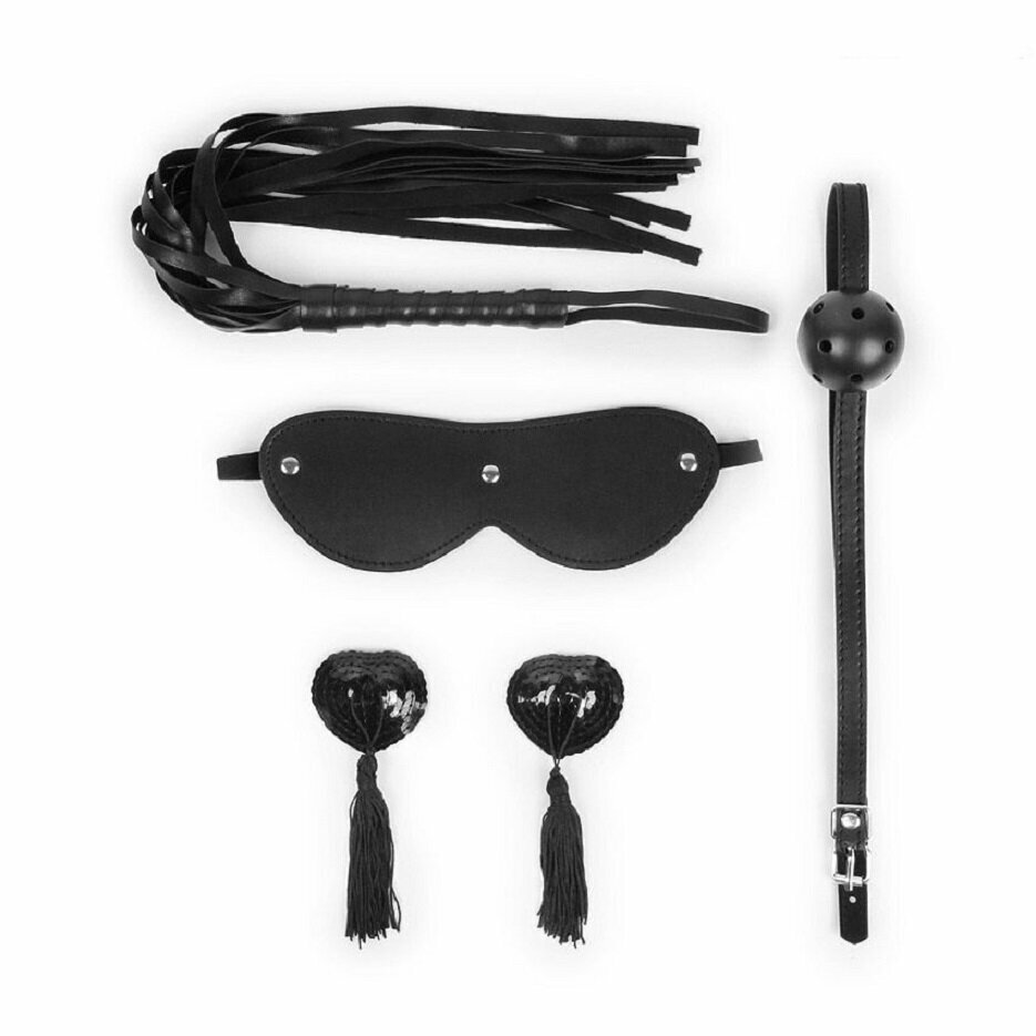 Набор Notabu BDSM маска, кляп, пэстисы и плетка черного цвета
