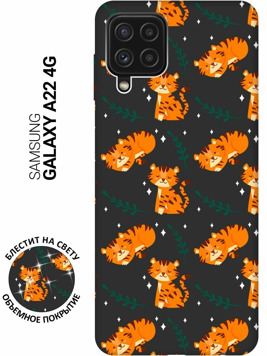 Матовый Soft Touch силиконовый чехол на Samsung Galaxy A22, M32, M22, Самсунг А22, М32, М22 с 3D принтом "Tigers" черный