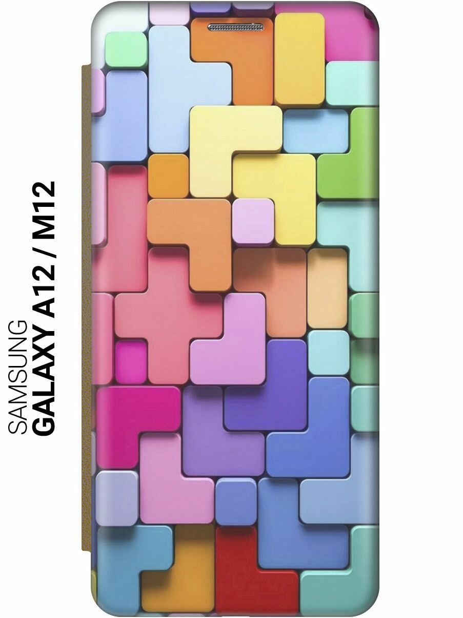 Чехол-книжка на Samsung Galaxy A12, M12, Самсунг А12, М12 с 3D принтом "Паттерн из блоков" золотой