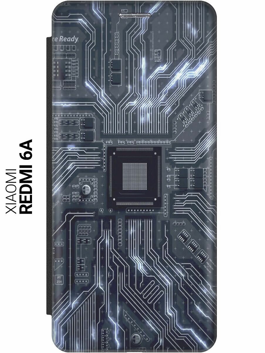 Чехол-книжка на Xiaomi Redmi 6A, Сяоми Редми 6А с 3D принтом "Синяя микросхема" черный