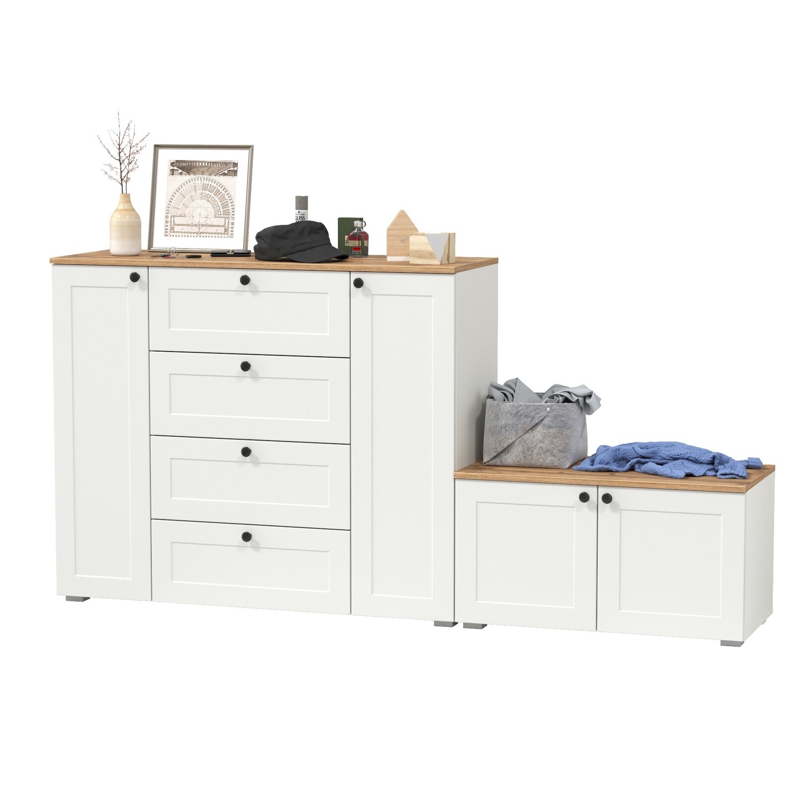 Комод Остин 16.221 с тумбой две дверки цвет белый шагрень/дуб крафт золотой