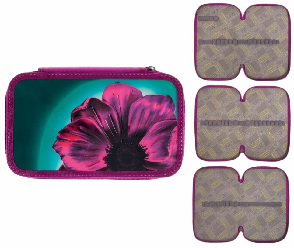 Каркасный пенал "Цветок" на молнии, объемный 3D-рисунок с эффектом металлика, 3 секции, школьный чехол без наполнения, органайзер для карандашей и ручек, ламинированный картон, 125 х 205 мм