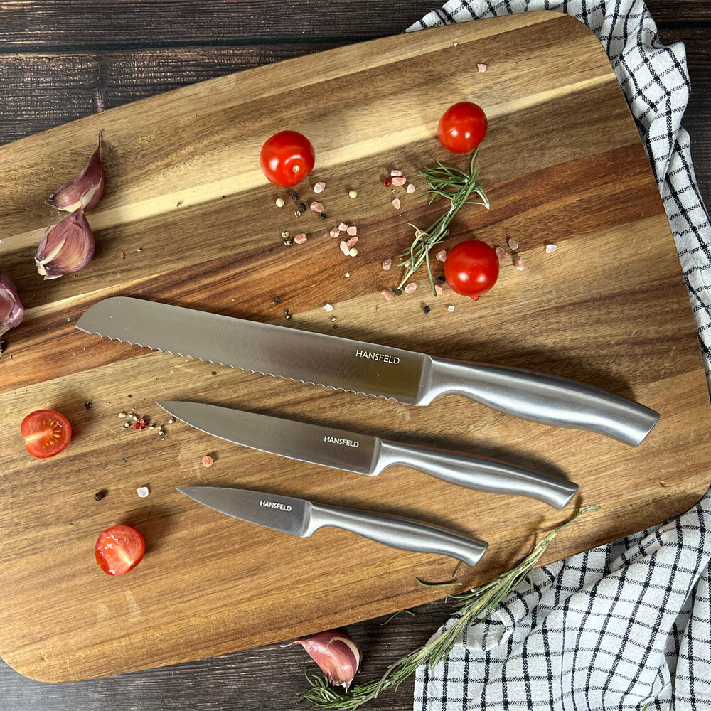 Набор кухонных ножей 3шт (для овощей, универсальный, для хлеба) HANSFELD Aurora / нож для чистки овощей и фруктов / нож для нарезки / хлебный нож