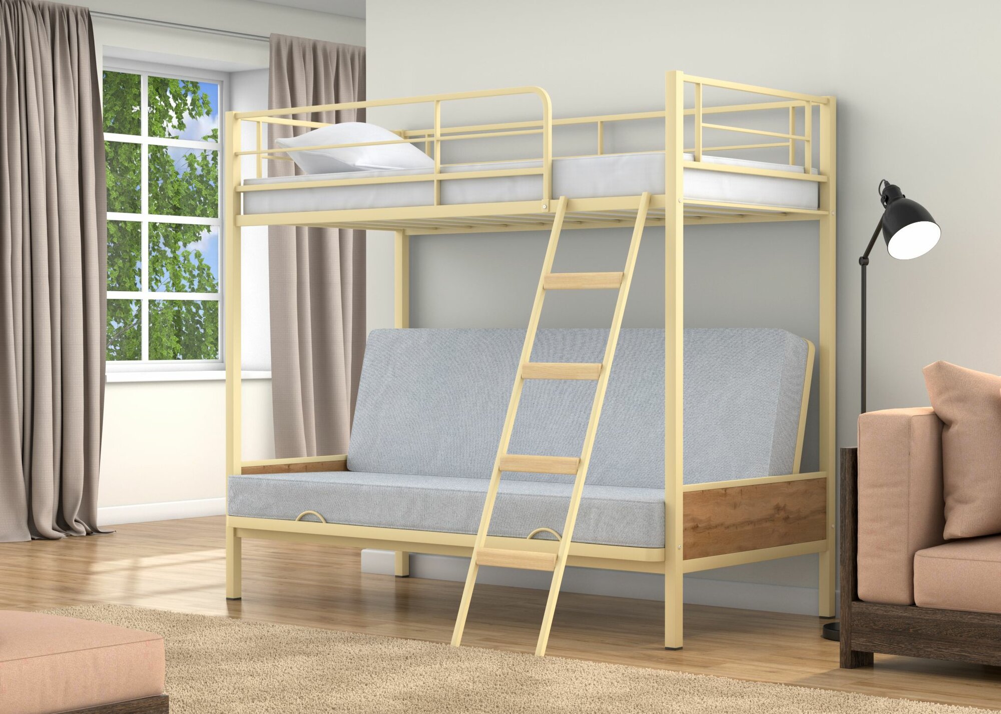 Двухъярусная кровать-диван Дакар 2 Слоновая кость (вставки дуб крафт табак)