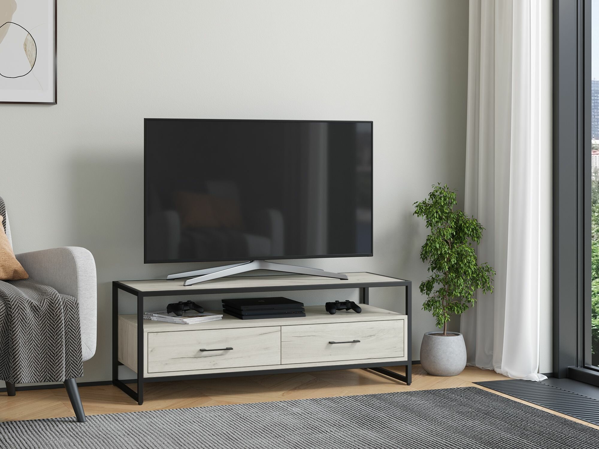 Тумба под ТВ Urban Лофт 02 с ящиками Черный/дуб крафт белый