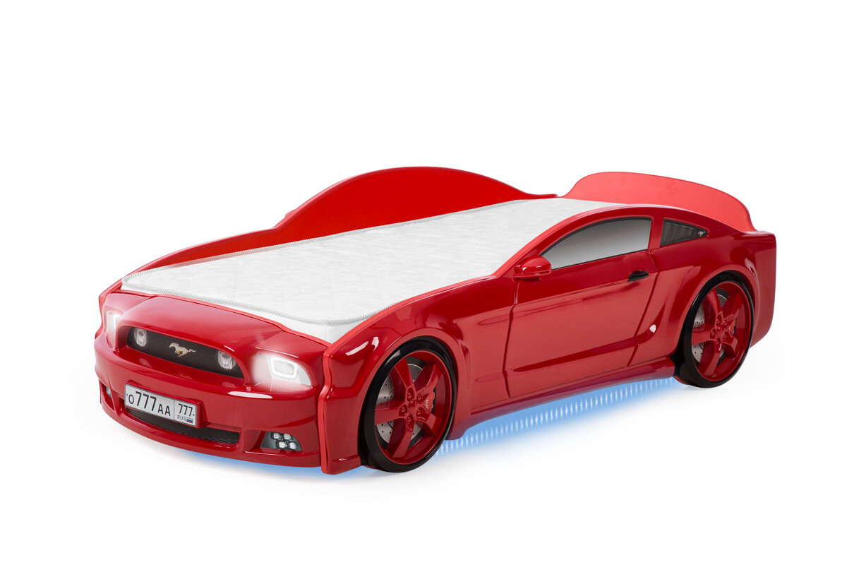 Кровать-машина детская Мустанг 3D, цвет красный, с подсветкой дна с подсветкой фар