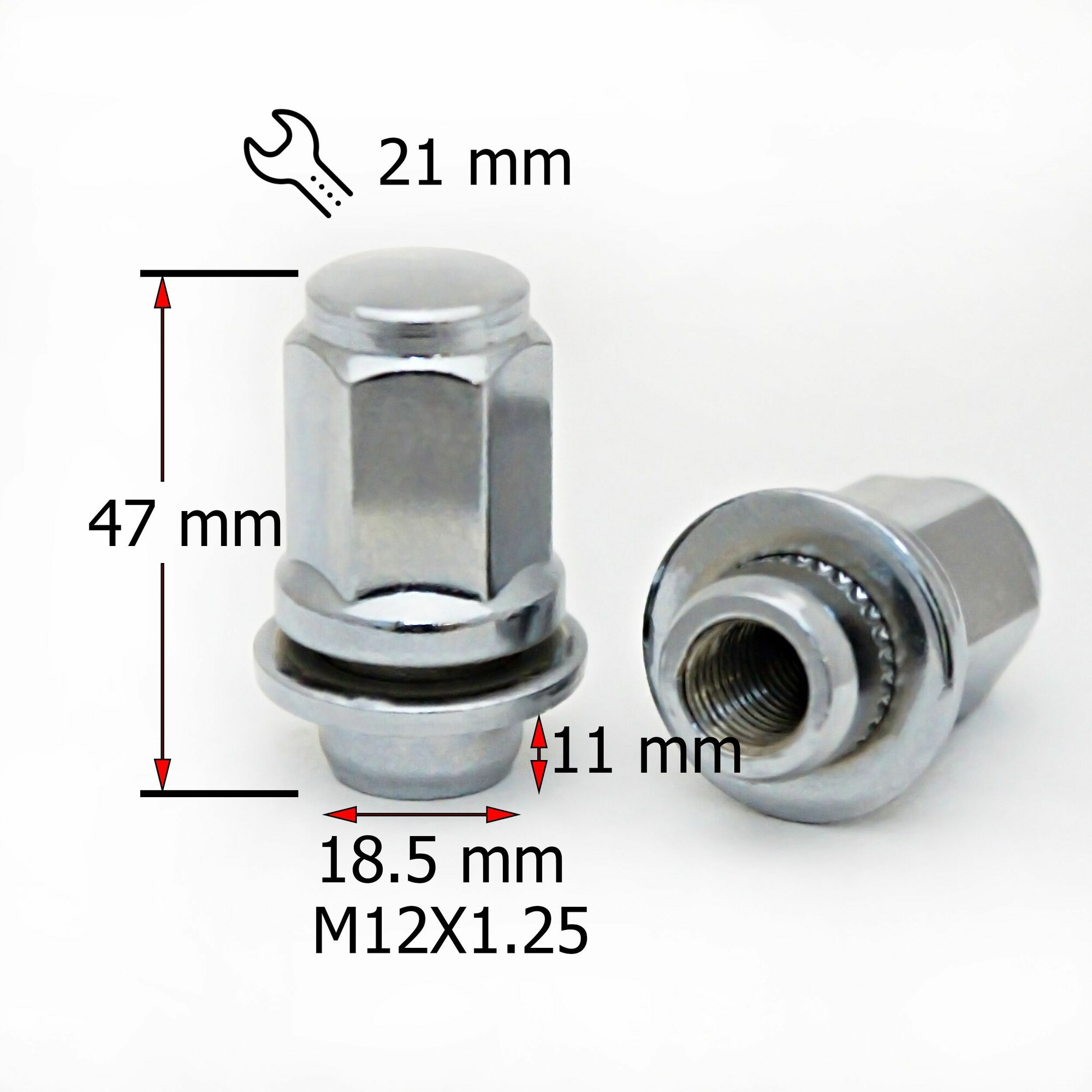Гайка колесная M12х1,25 высота 47мм, Прессшайба, цельная, диаметр носика 18,5мм, закрытая, ключ 21мм, Хром