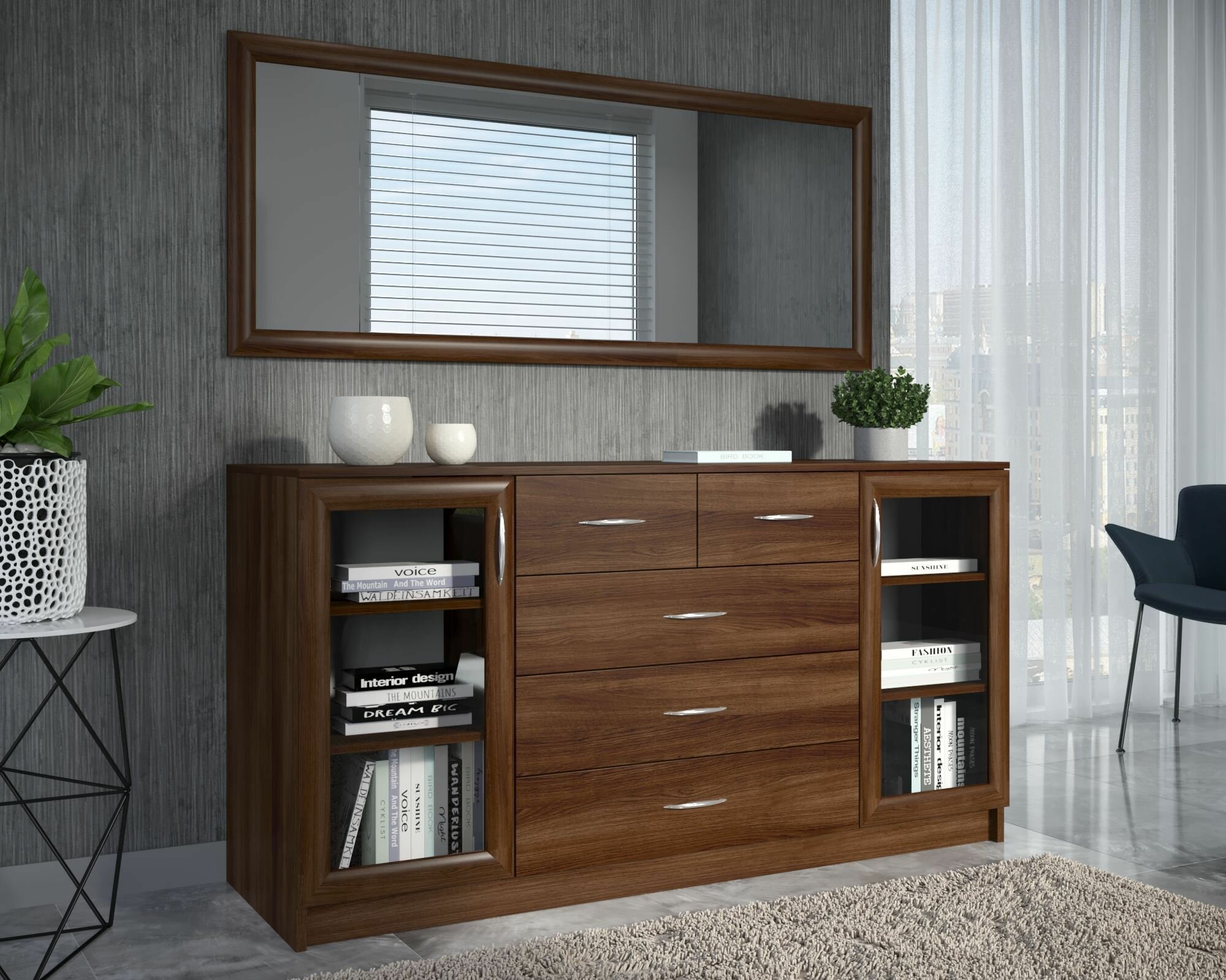 Комод "Фобос с зеркалом 5" 156х90х50, Орех экко