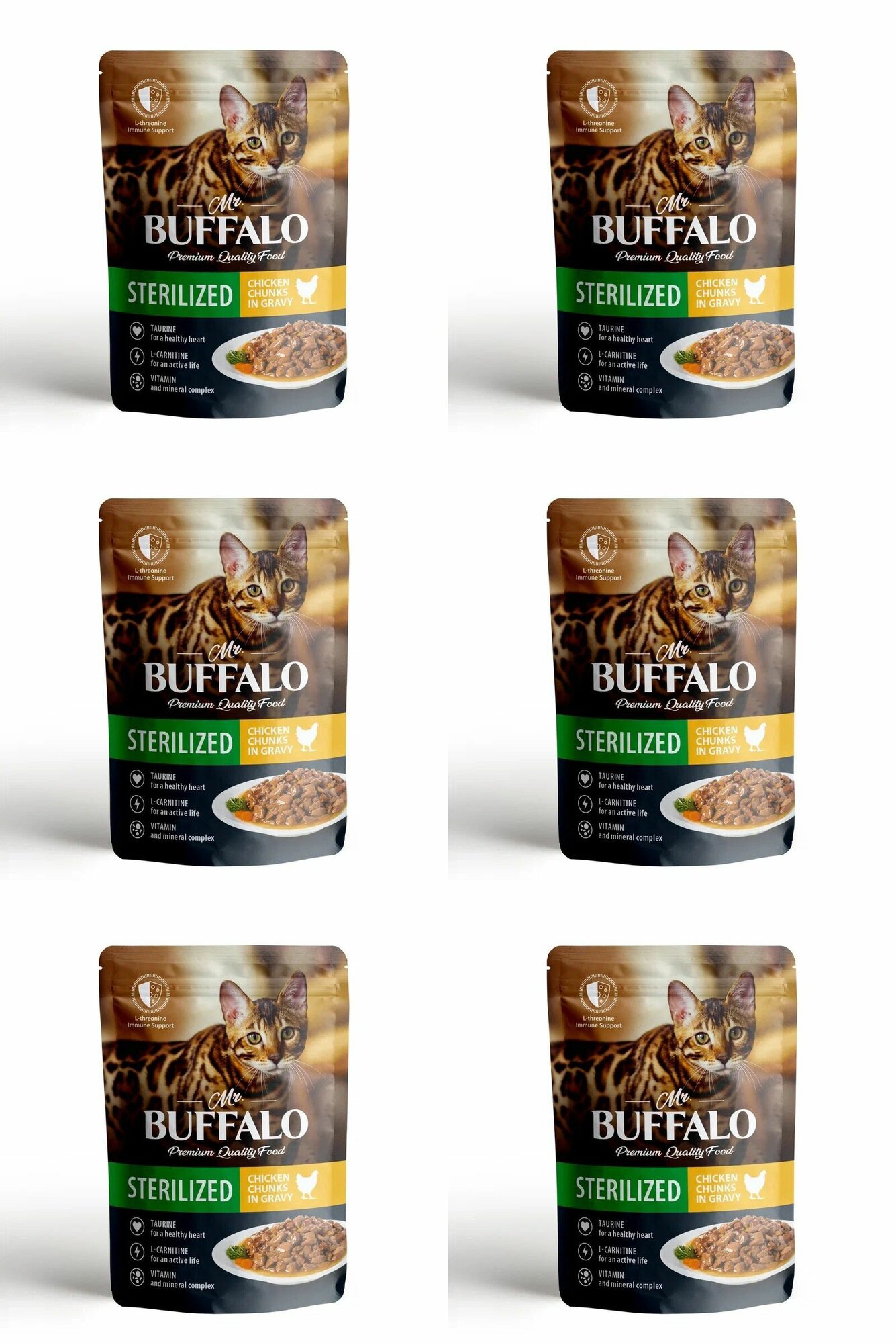Mr.Buffalo Sterilized Влажный корм для стерилизованных котов и кошек, цыпленок в соусе, пауч, 85 г, 6 уп.