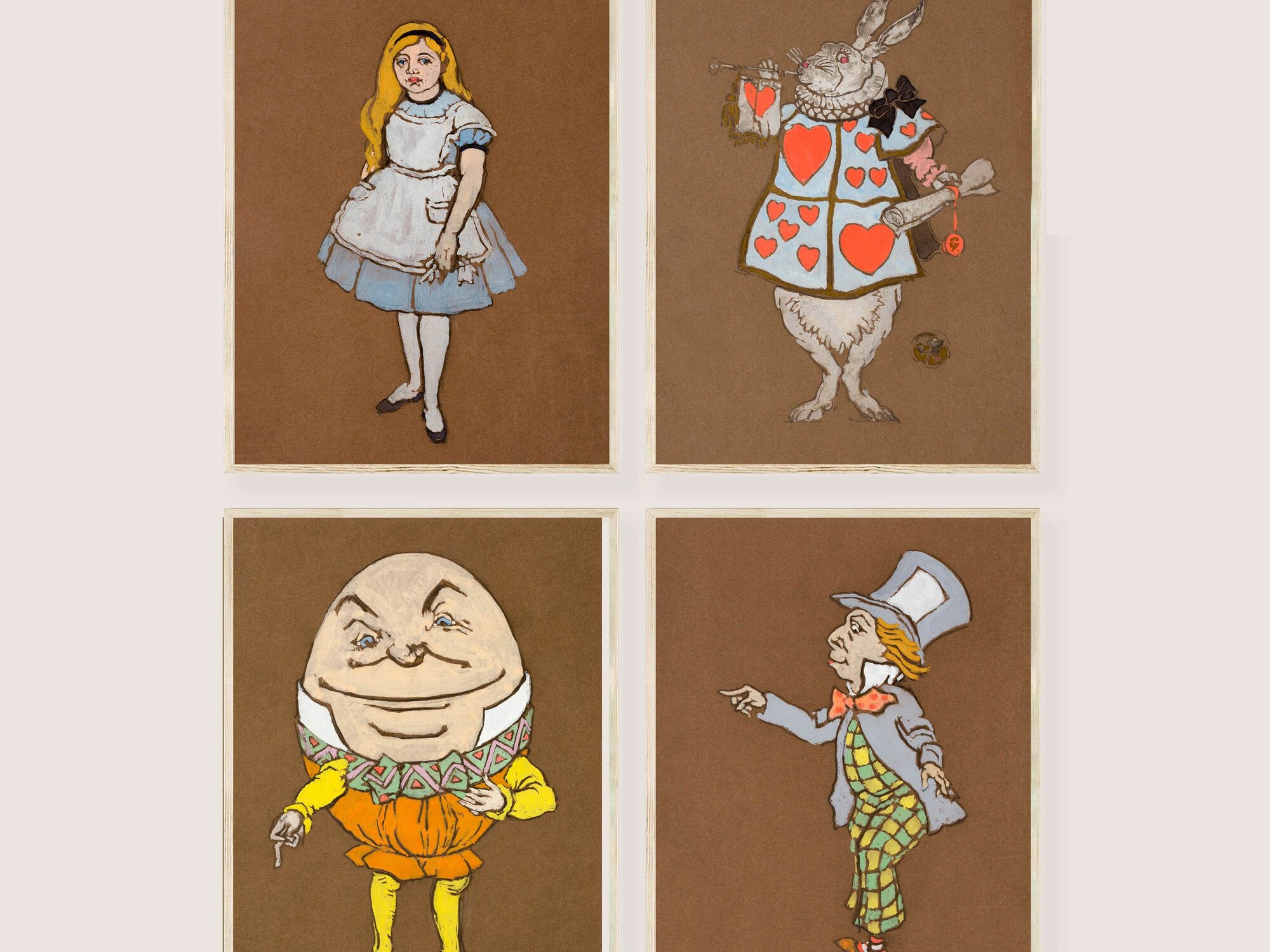 Набор интерьерных постеров для детской - "Алиса в Стране Чудес" 4 шт А4 без рамы. 2 винтажных плаката в сказочном стиле Льюиса Кэрролла "Алиса в Зазеркалье" для детей и взрослых