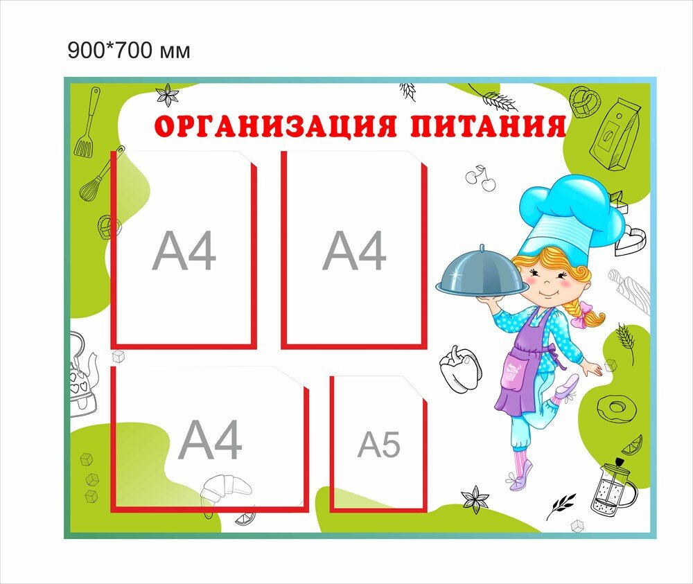 Стенд Организация питания (зеленый) 900 х 3 х 700 пластик 3мм, А4-3шт, А5-1шт. Зеленый