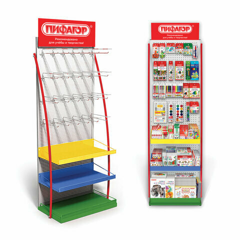 Стойка для размещения товара напольная пифагор, 2050x600x500 мм, 25 крючков, 3 полки, металл, 504878