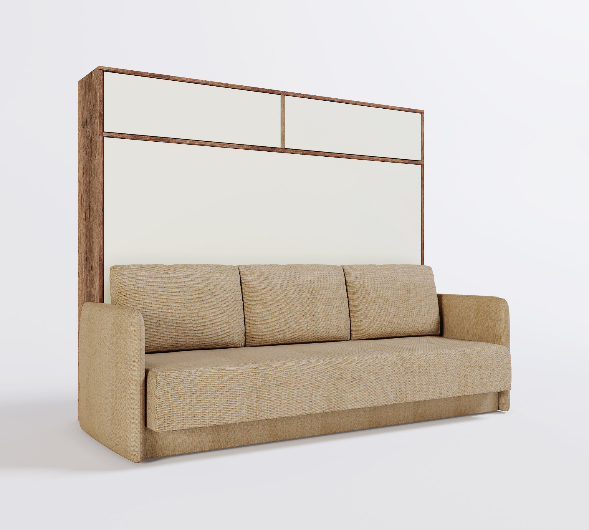 Шкаф кровать-трансформер с диваном Аджи Пуф 1400 с антресолью, узкими подлокотниками и нижней планкой Янтарь