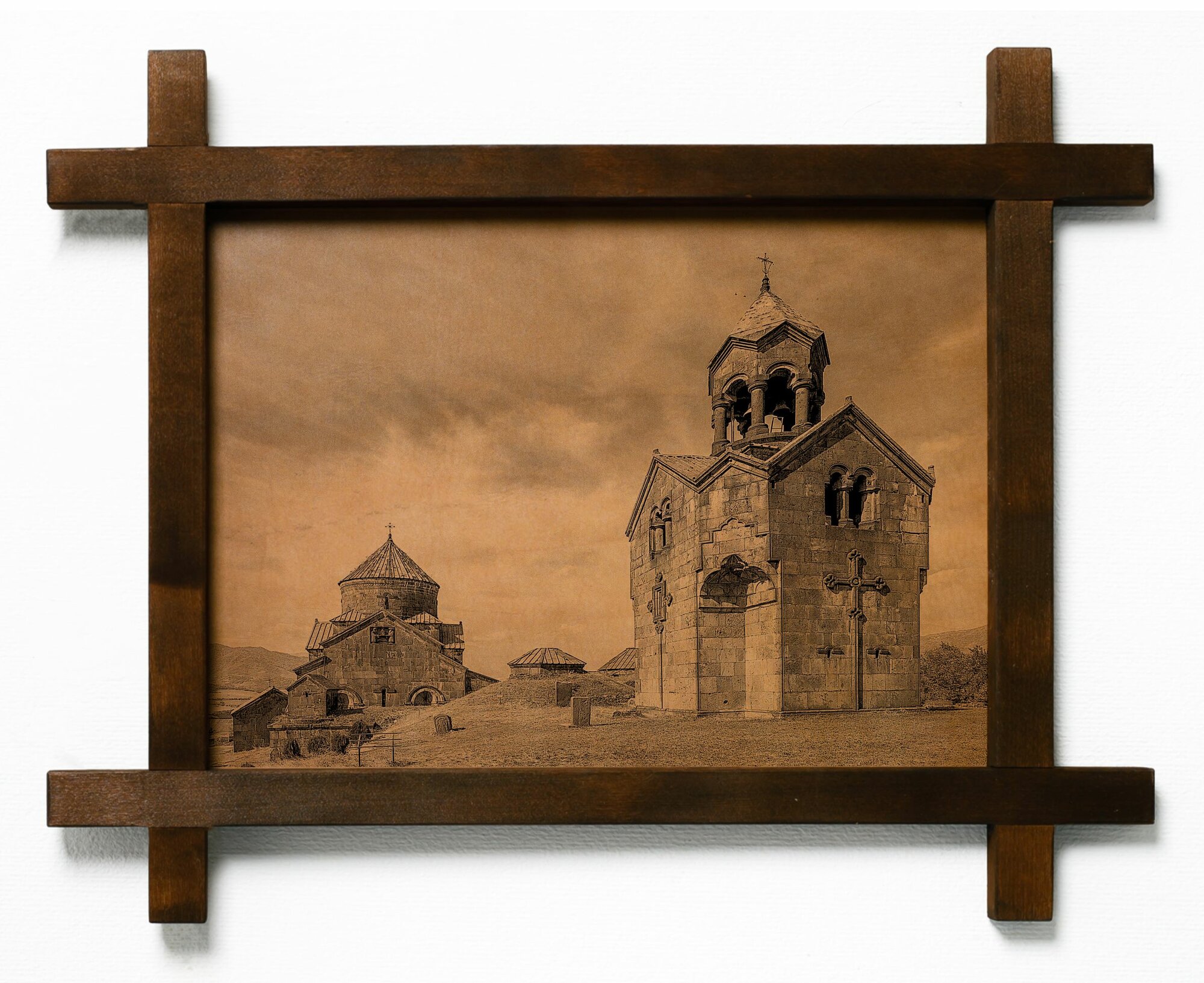 Картина интерьерная, натуральная кожа, "Монастырь Ахпат" (Армения), в деревянной раме, BoomGift