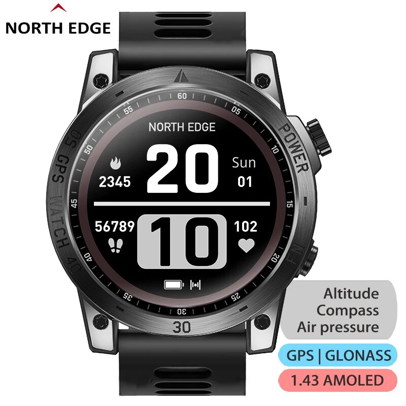 NORTH EDGE 2024 Новые часы с GPS, мужские спортивные умные часы, HD AMOLED-дисплей, 50 м, банкомат, альтиметр, барометр, компас, умные часы для мужчин