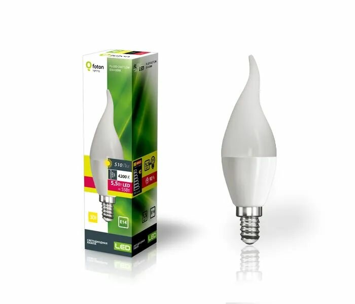 5шт/уп. Лампа LED Свечка на ветру 5.5Вт 220-240В E14 510Лм 4200К Угол 160 град. d 37mm h 108mm Свет Дневной белый Foton Lighting, уп. 5шт