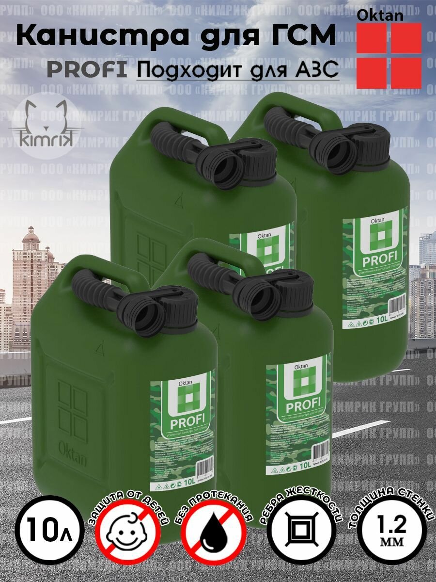 Канистра для бензина и масла PROFI пластиковая, зеленая, 4 штуки по 10 л, с заливным шлангом в комплекте, Oktan