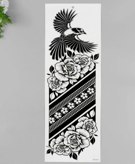 Татуировка рукав с орнаментом птицы и розы черная 48х17 см