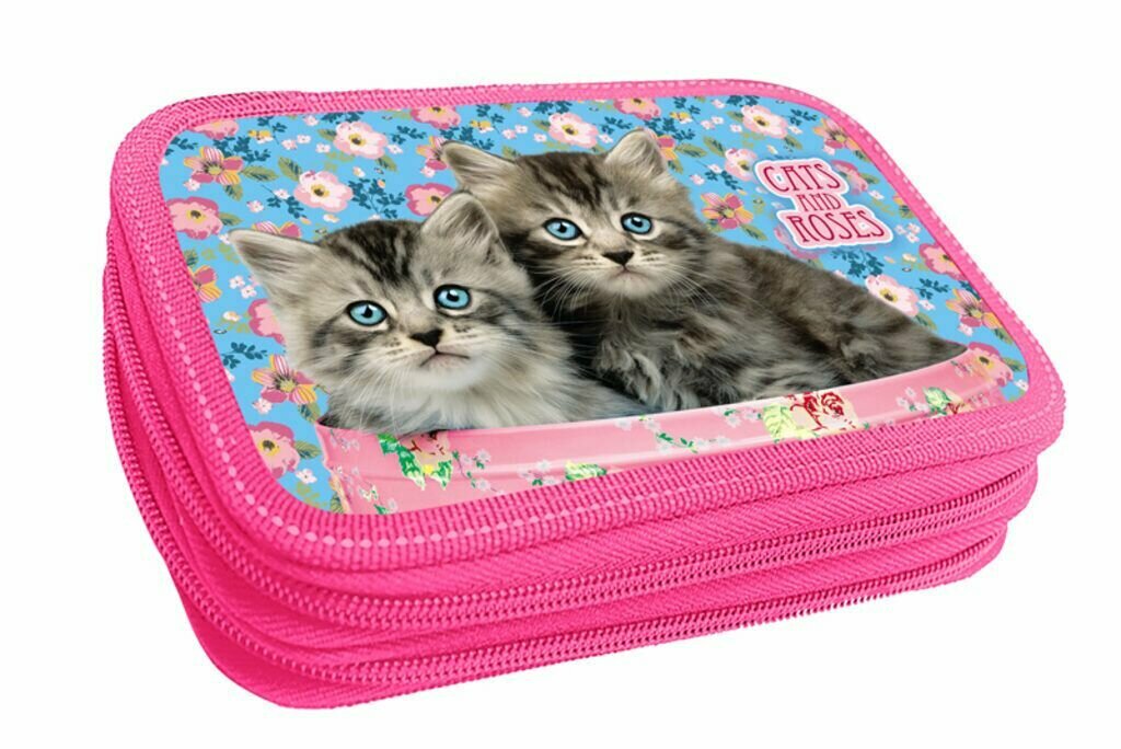 Пенал Канцбург 2 отделения 205х125х40 мм, молния, ламинация картон "Коты и розы" с блестками+ конгрев