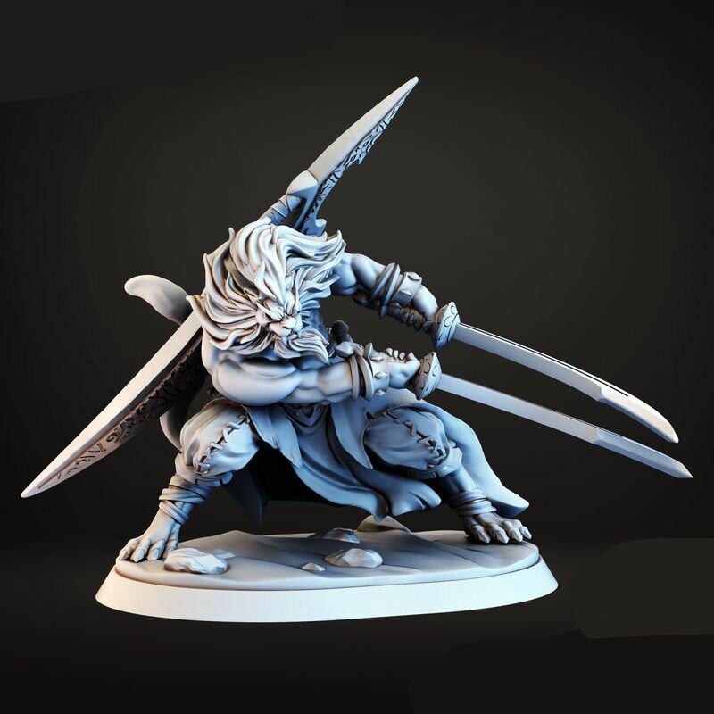 Табакси с двумя клинками Лев Опытный воин (40мм) класс: файтер, убийца миниатюра для DnD (ДнД) и других Настольных игр( НРИ, Варгеймов или РПГ), фентези тематика