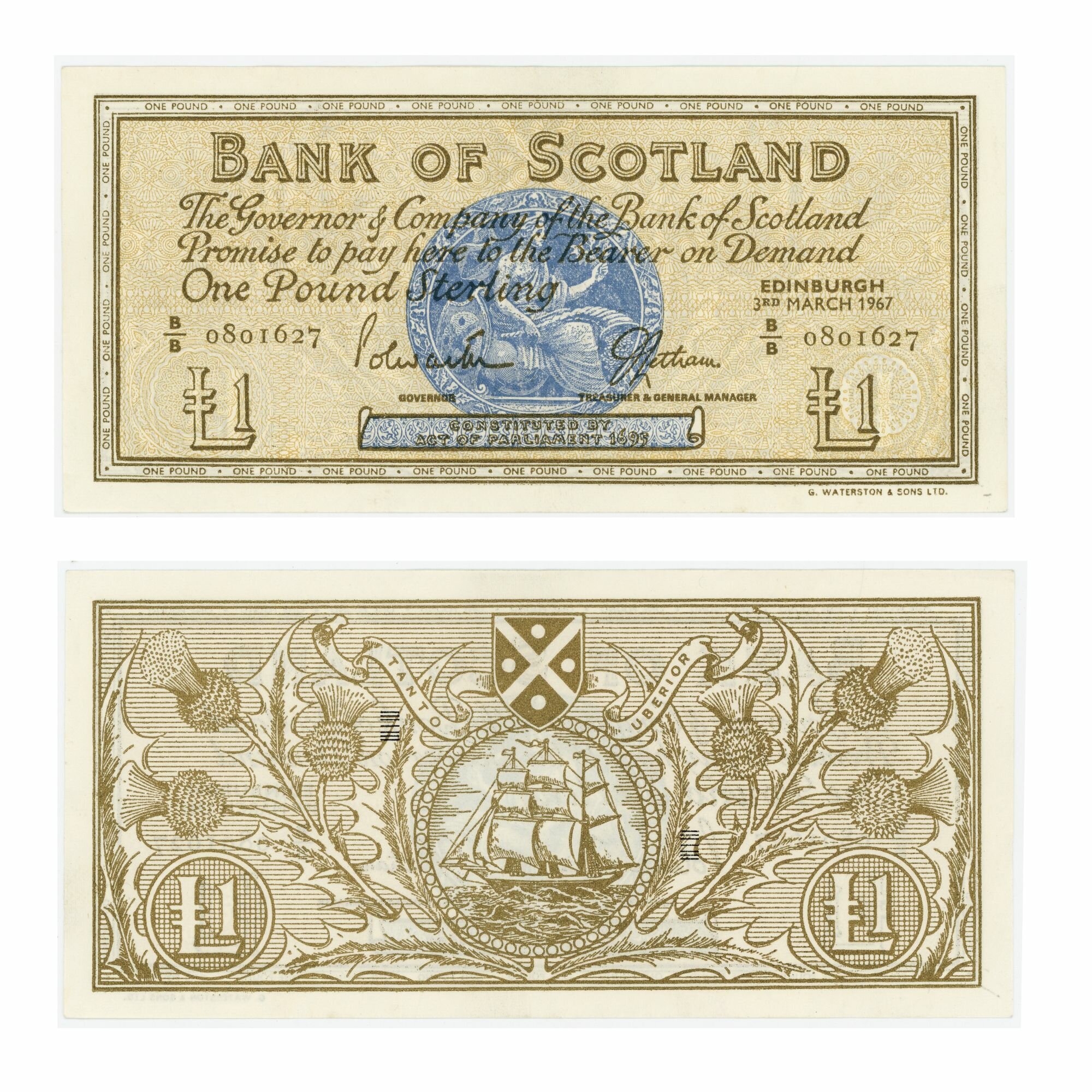 Банкнота Шотландия 1 фунт ONE POUND 1967 год Extremely Fine (XF) Pick 105