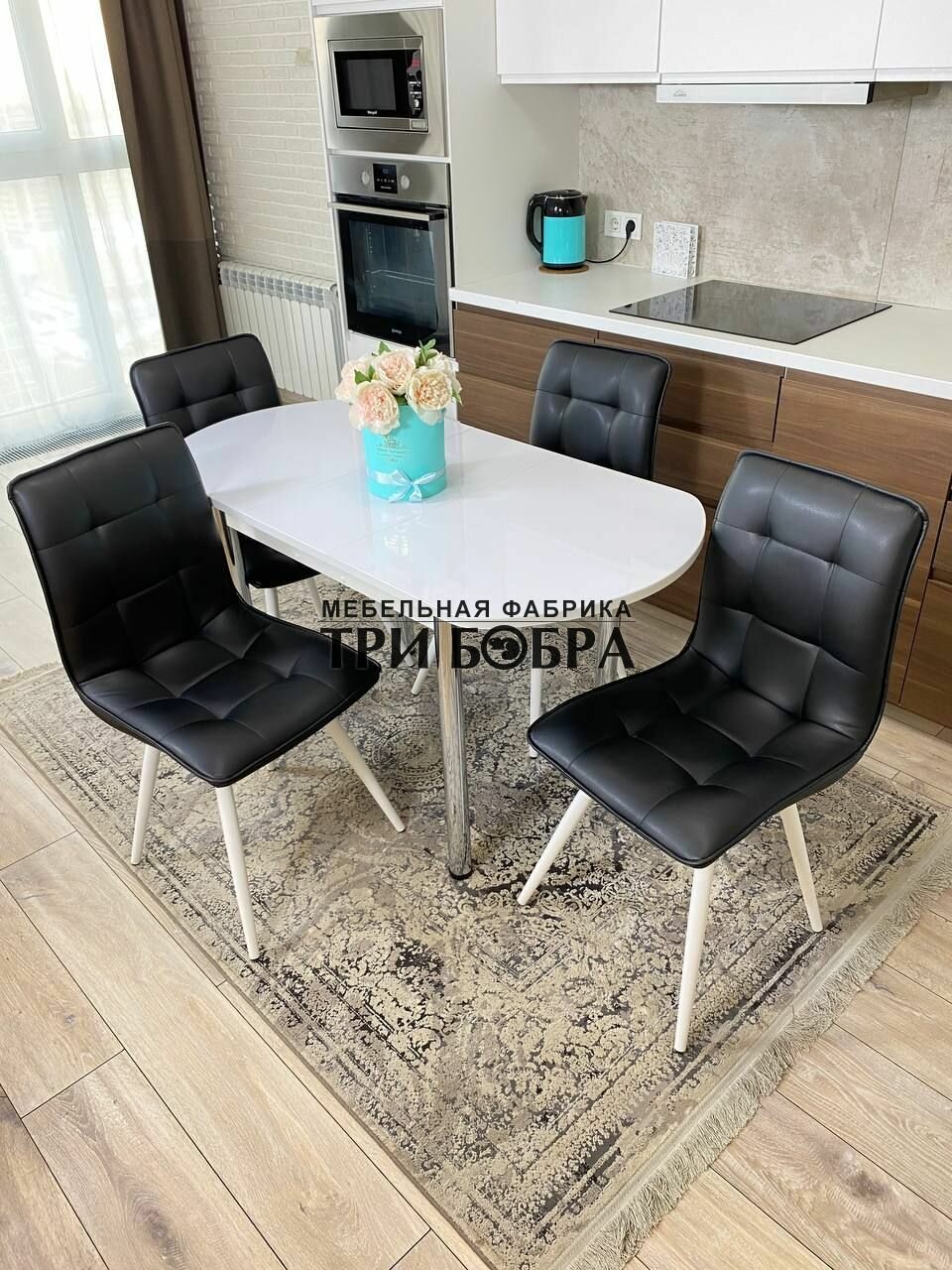 Стол кухонный раздвижной, Белый глянец, стулья для кухни комплект 4 шт, обеденная группа