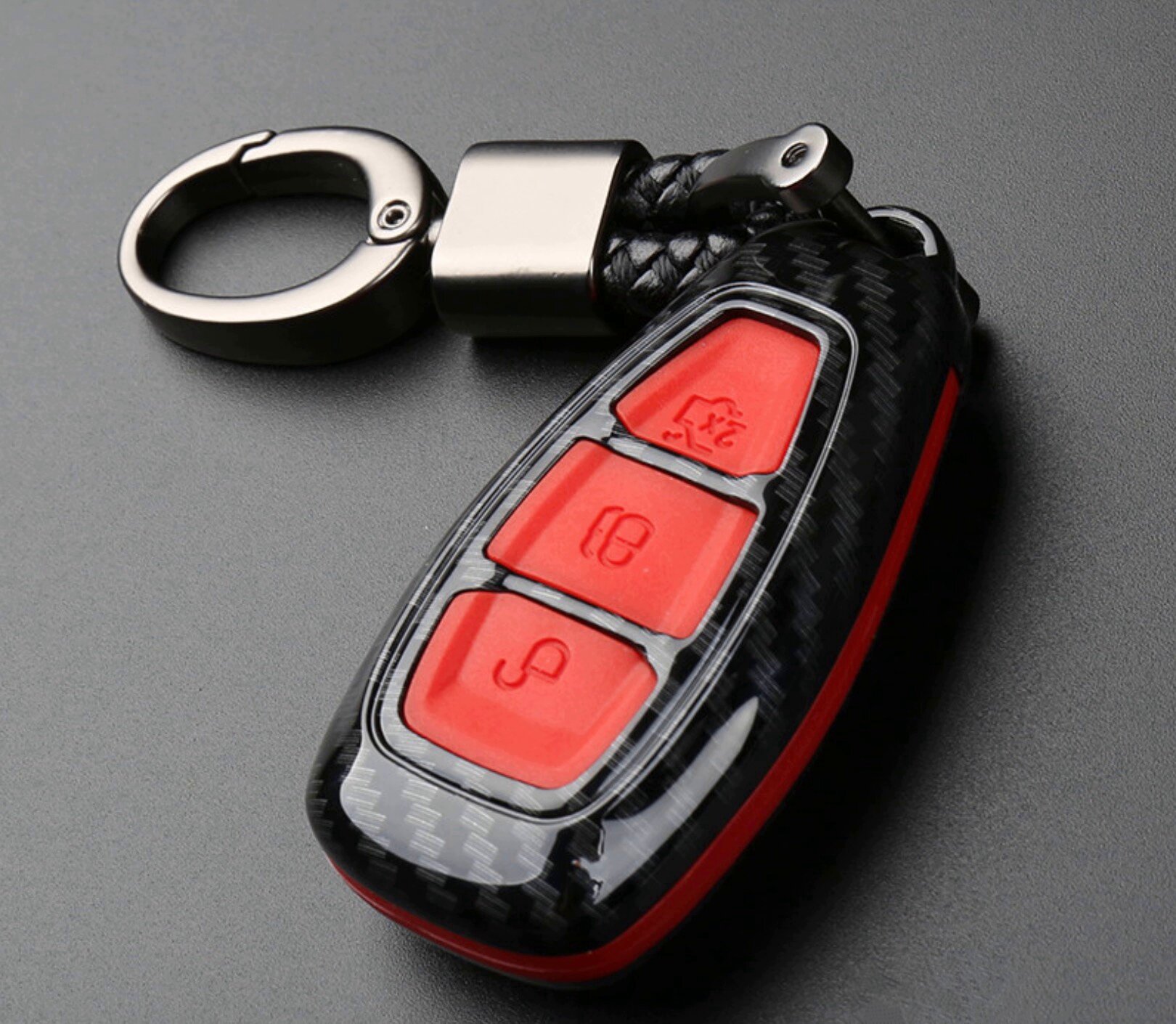Защитный чехол брелок карбоновый с красными мягкими резиновыми кнопками для автомобильного смарт ключа Ford Focus I Mondeo Fiesta Explorer V Mustang Transit EcoSport Kuga Форд фокус 2 3 мондео мустанг эксплорер куга транзит ключница футляр MyPads