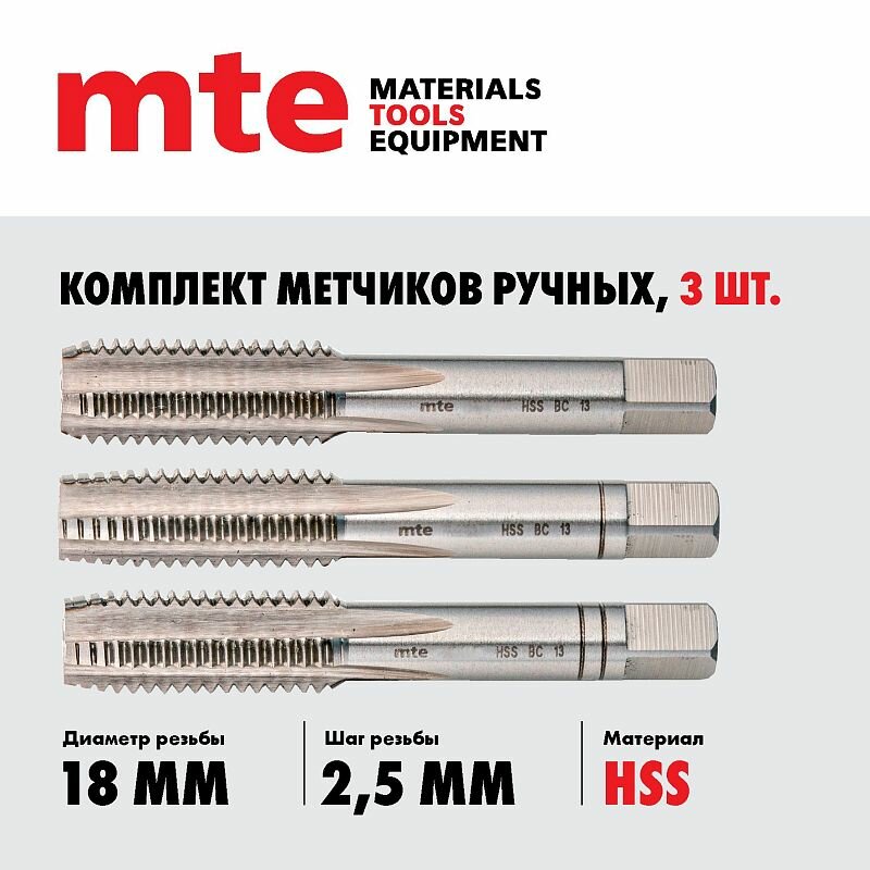 Метчики ручные HSS DIN 352, комплект 3 шт. M18X2,5, mte