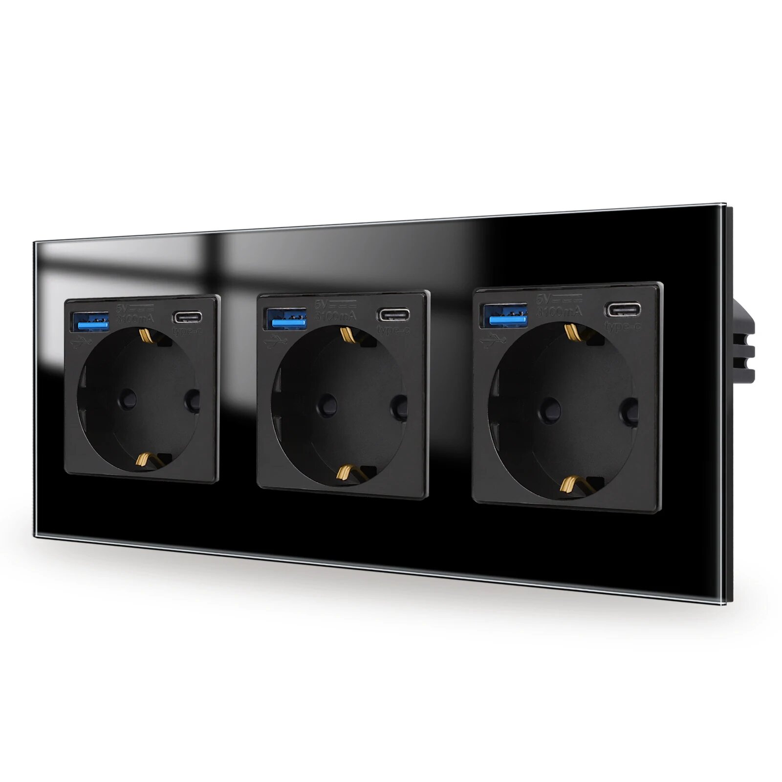 Стандарт ЕС, двойная розетка, выключатель света, USB-розетки, тройная настенная розетка с заземлением, белая, черная стеклянная панель, 16 А, 220 В