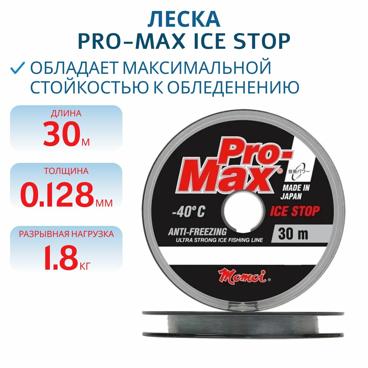Леска Momoi Pro-Max Ice Stop 0,128 мм, 1,8 кг, 30 м, прозрачная, Barrier Pack, 1 шт