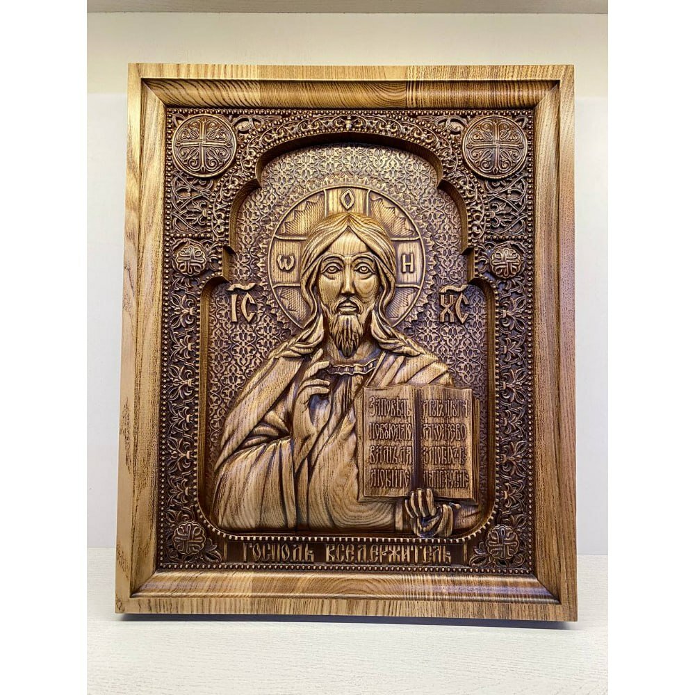 Икона Спас Вседержитель (Пантократор) резная из дерева 19х23 см
