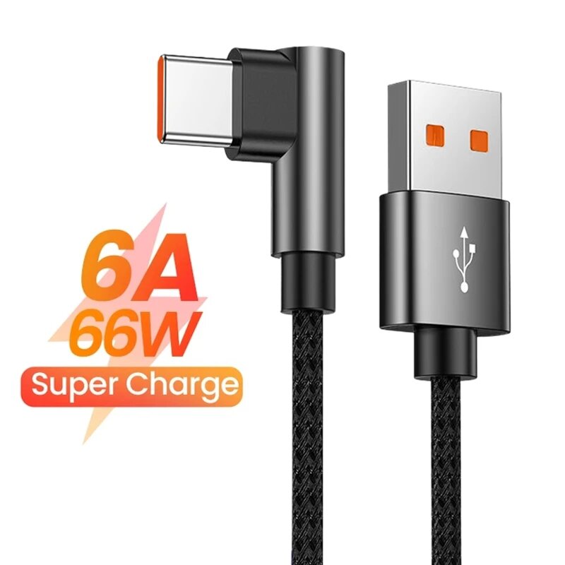 6A 66W USB-кабель для быстрой зарядки типа C для Huawei Xiaomi Redmi Honor OPPO Realme POCO F5, 90-градусный локоть, зарядный кабель для игр 1,5 м, Black