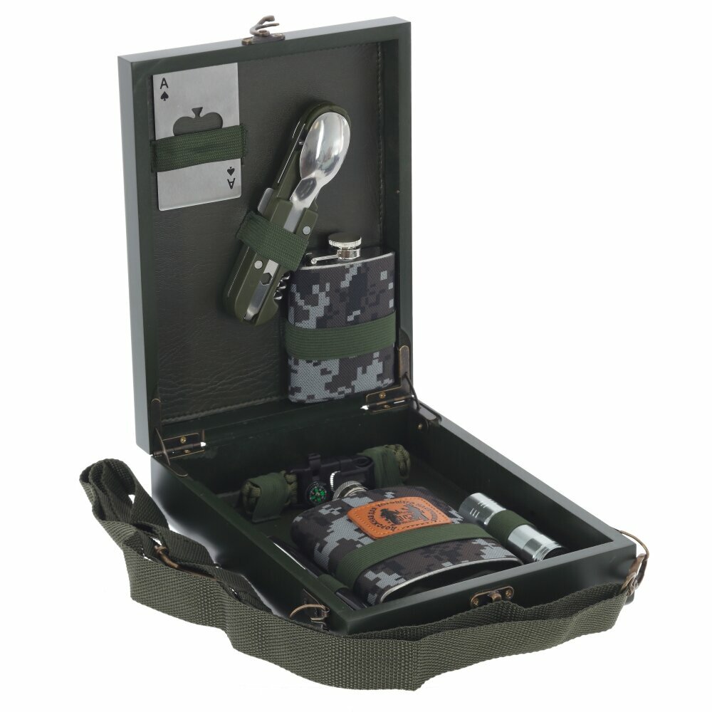 Набор из 7-ми предм: 2 фляжки 210/120 мл, ручка, фонарь, компас, открывалка, складной н-р, 18х23 KSM-817090